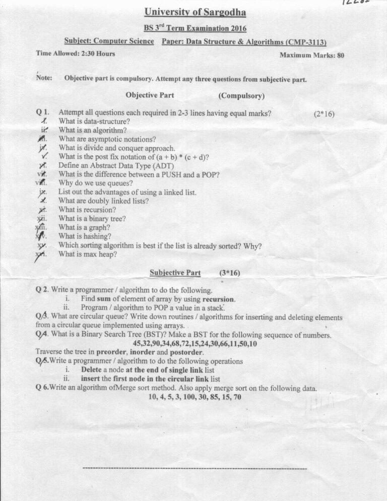 Data Structure & Algorithms Past Paper 2016 - BSCS - UOS - Shining Study