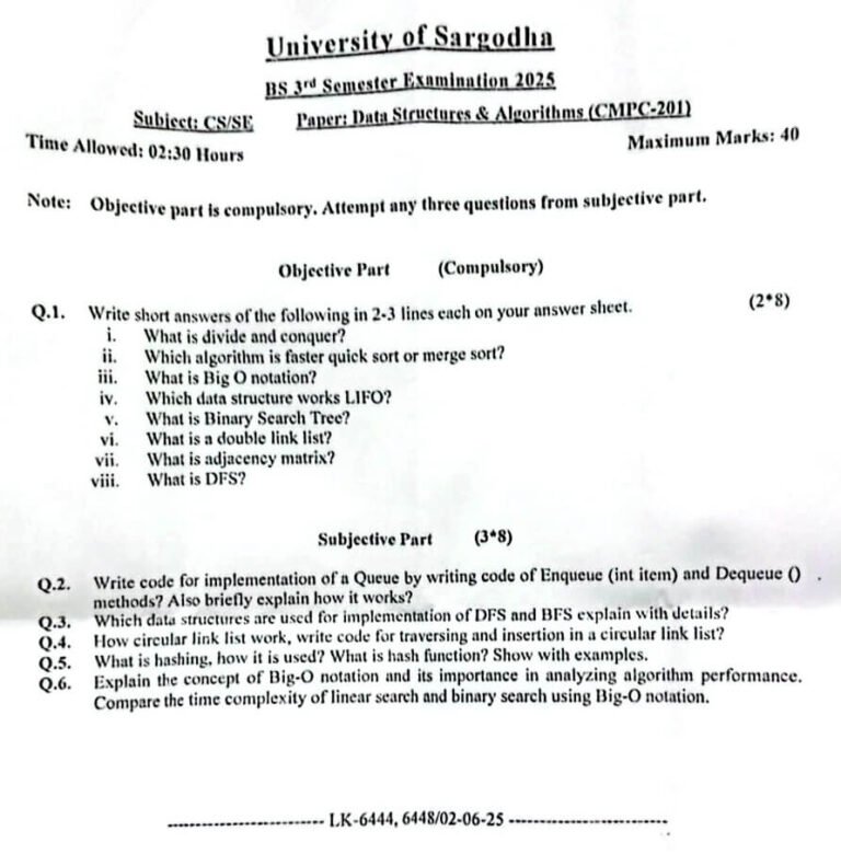Data Structures & Algorithms Past Paper 2025 BSCS & BSSE UOS - Shining Study