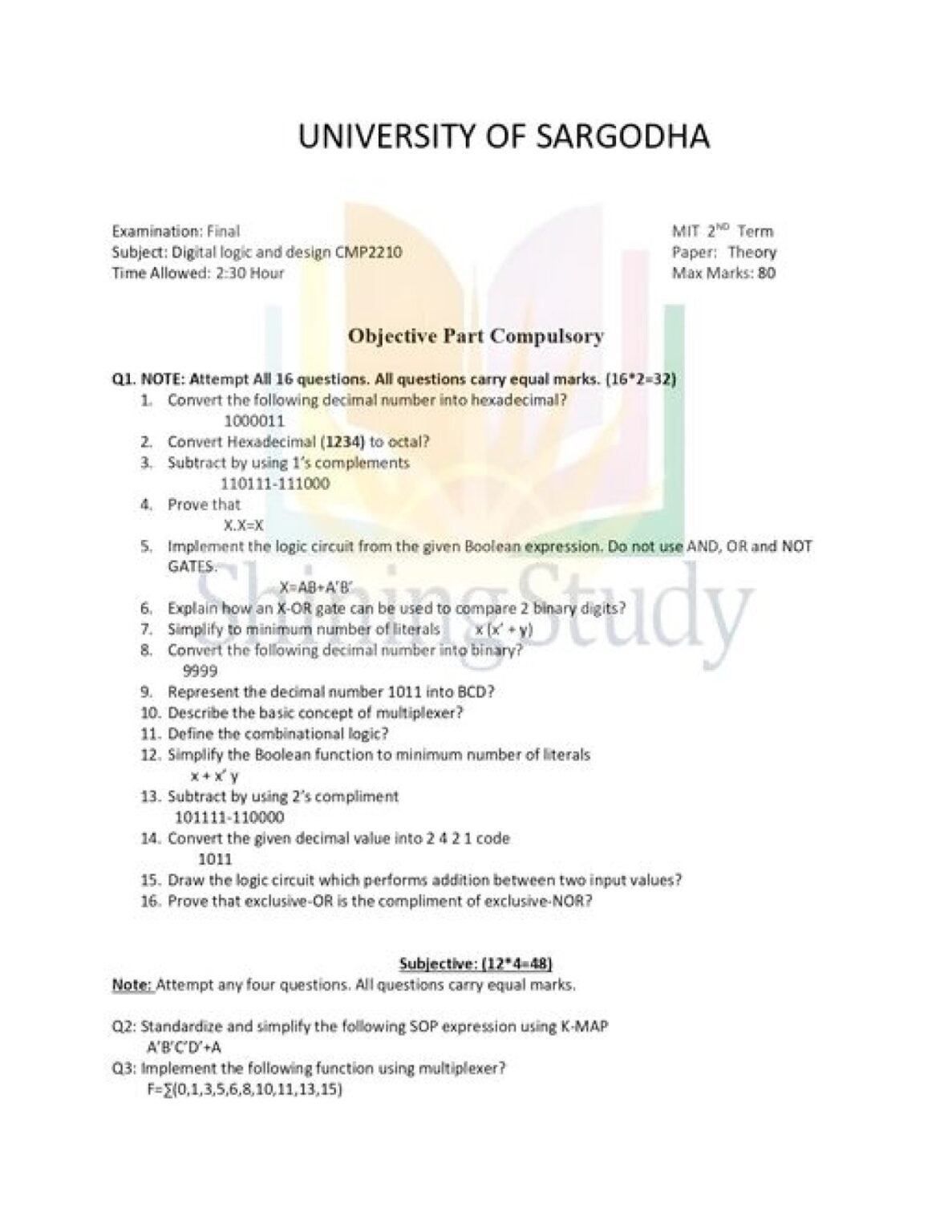 Digital Logic Design MIT Past paper UOS-1 - Shining Study