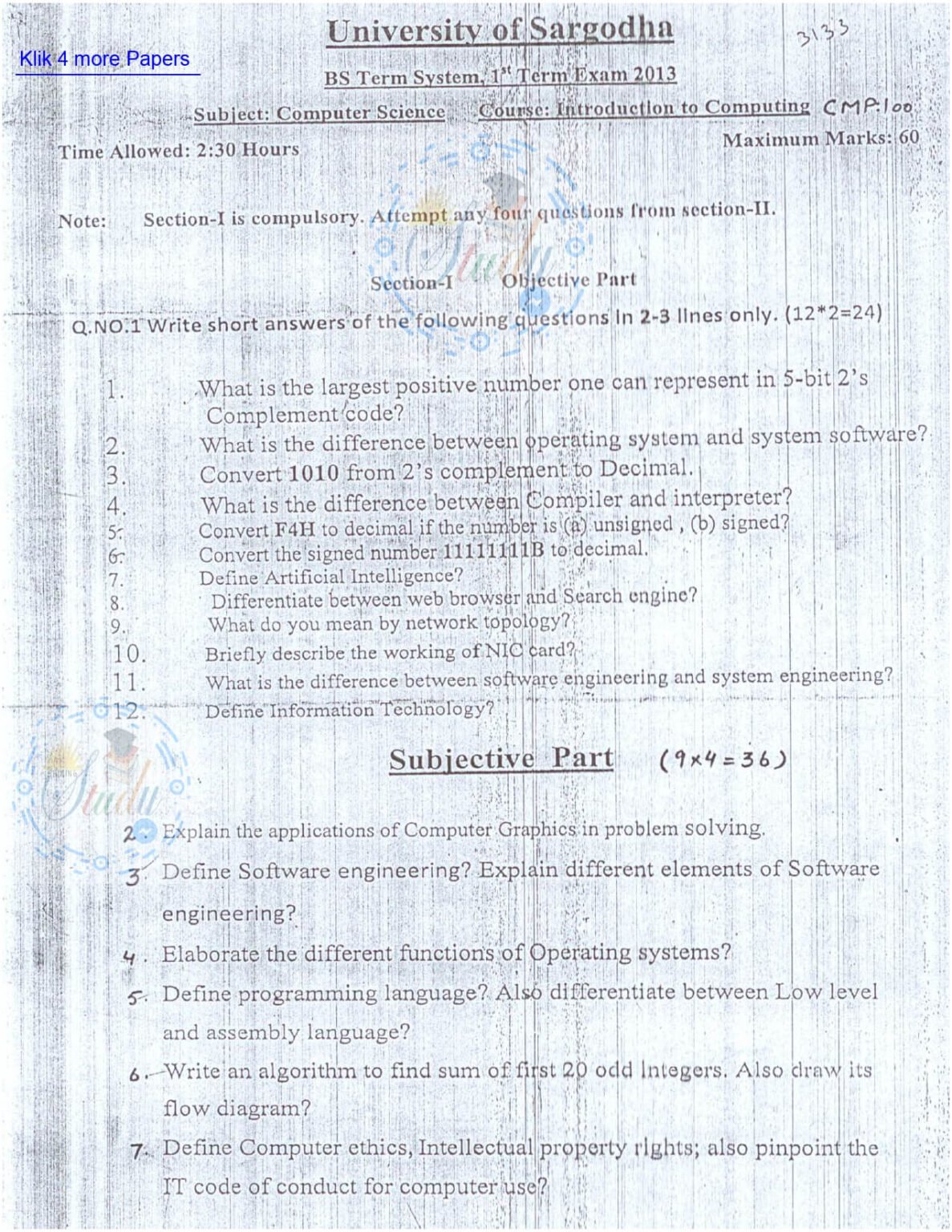 ICT Past Papers - BSCS | UOS (PDF Download) - Shining Study