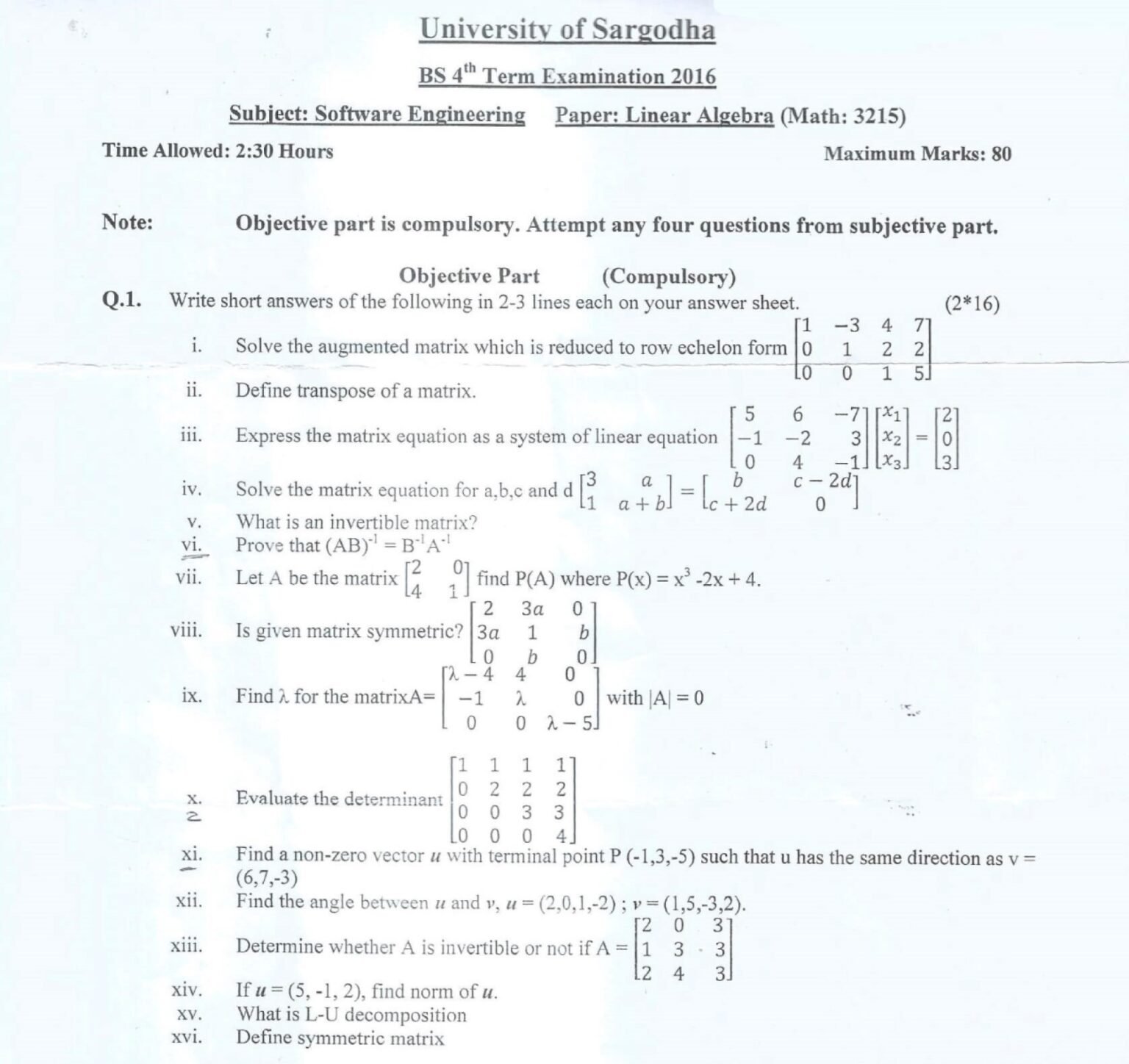 Linear Algebra BSSE Term 4th Past Paper 2016 UOS - Shining Study