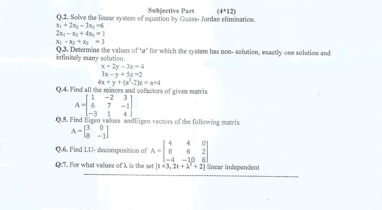 Linear Algebra BSSE Term 4th Past Paper 2016 UOS - Shining Study