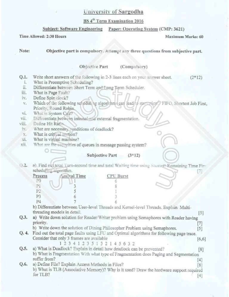 Operating Systems Past Papers – BSCS (PDF) - Shining Study
