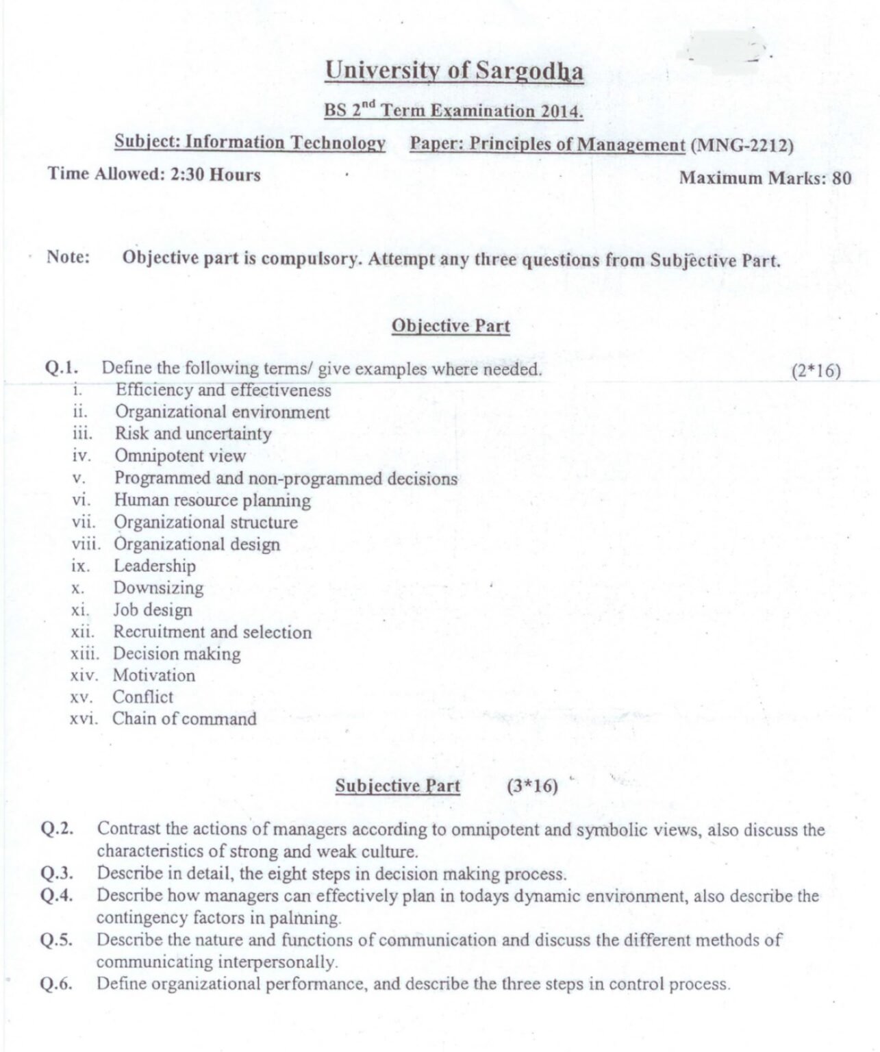 Comprehensive Principles of Management Exam Paper 2014 - University of ...