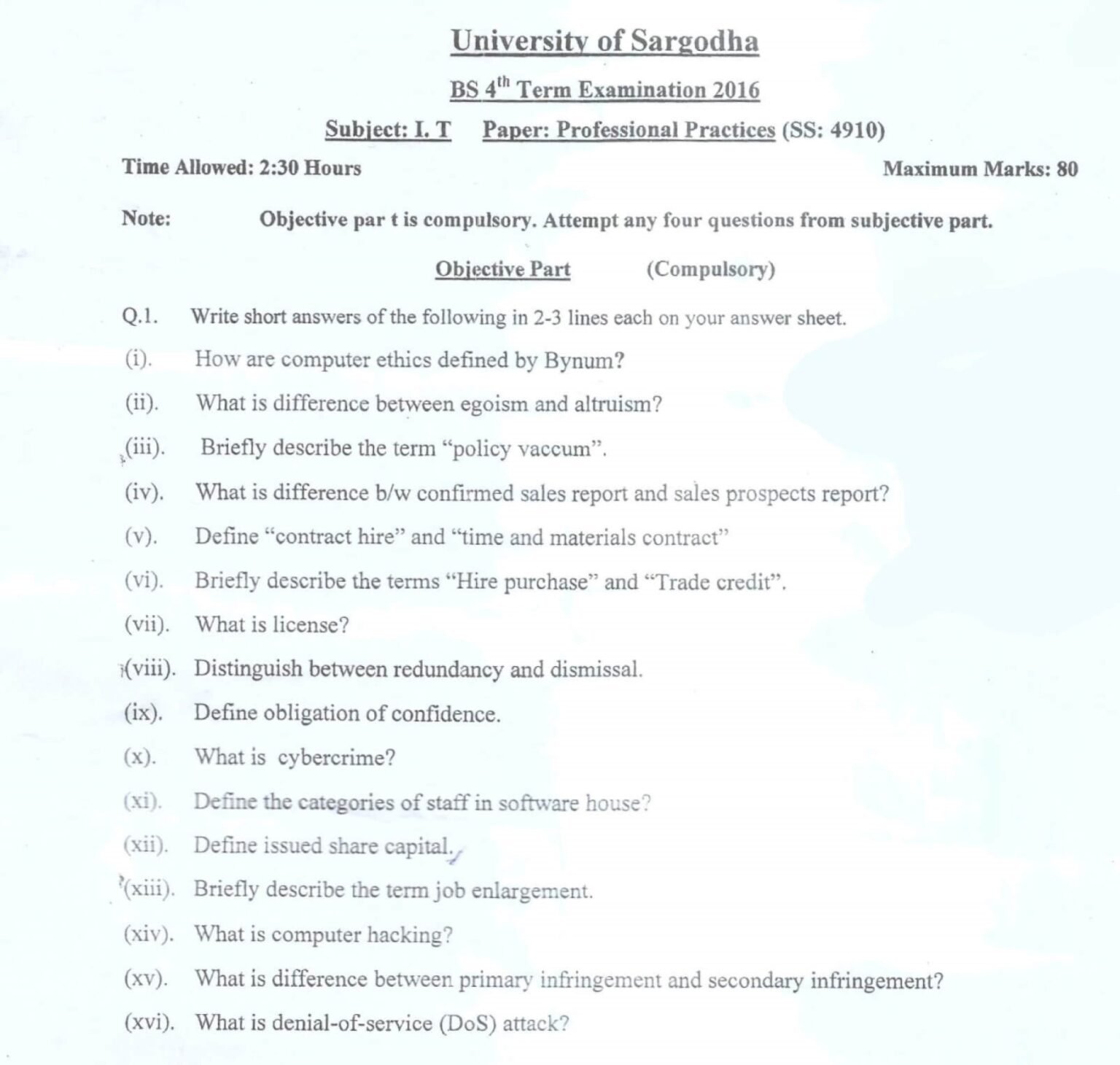 Professional Practices BSIT 4th Term Past Paper 2016 UOS - Shining Study