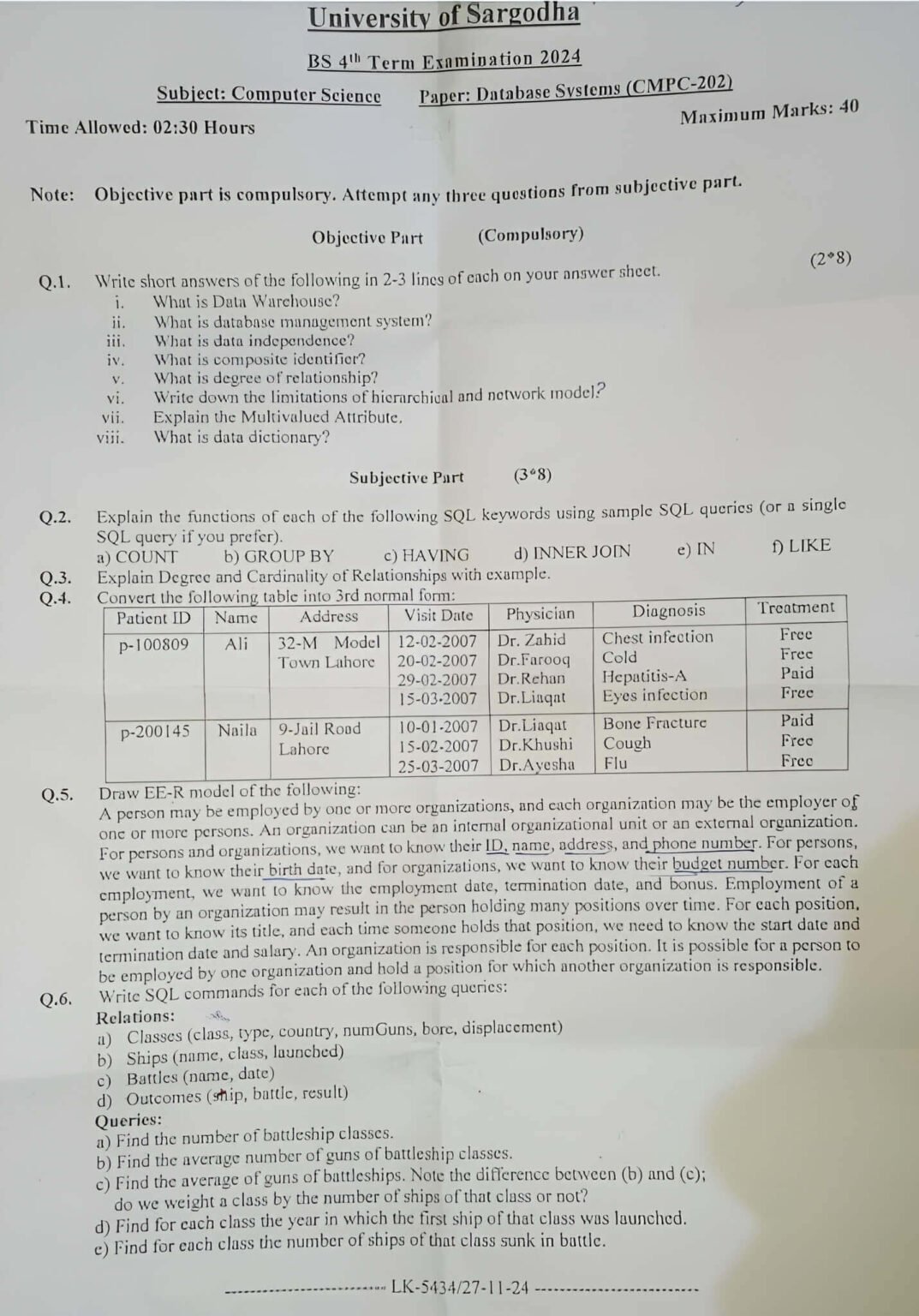Database Systems Past Paper 2024 - BS 4th Term - UOS Shining Study